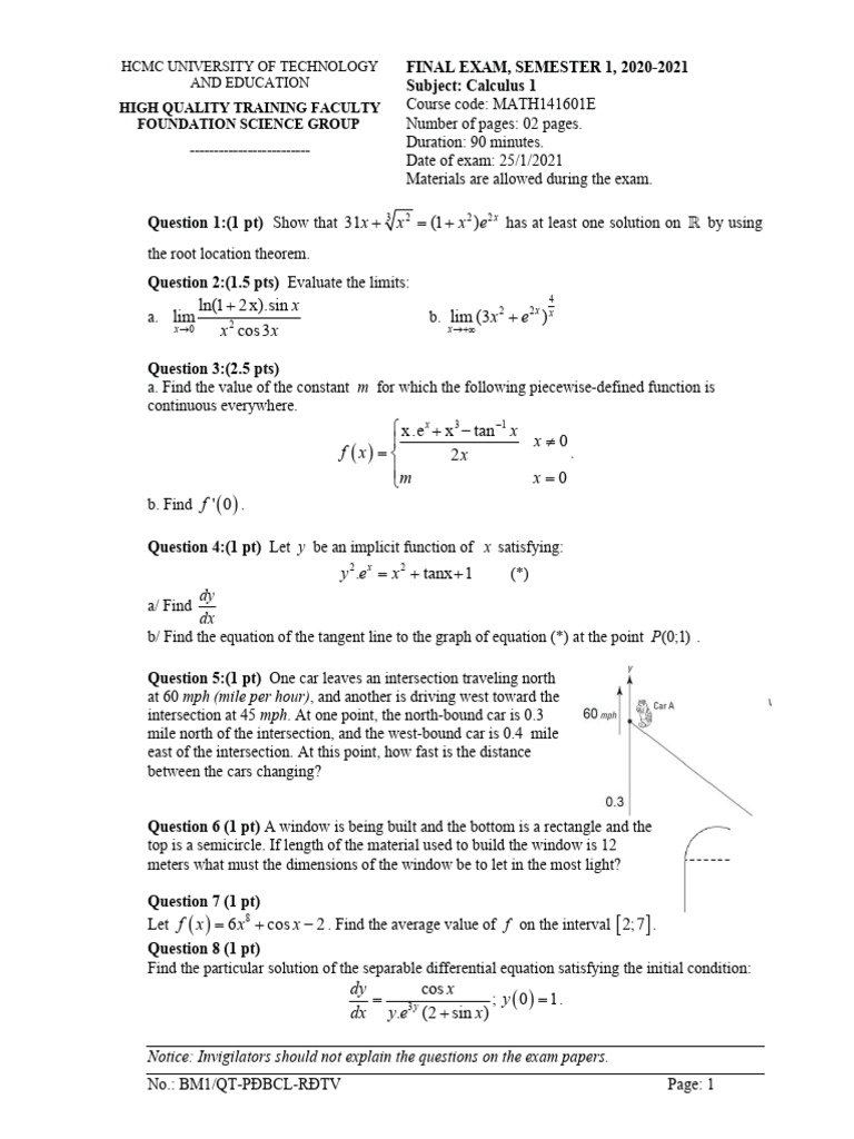 8 Calculus 1 Final Test 20 21 Semester 1 | PDF | Trigonometric ...