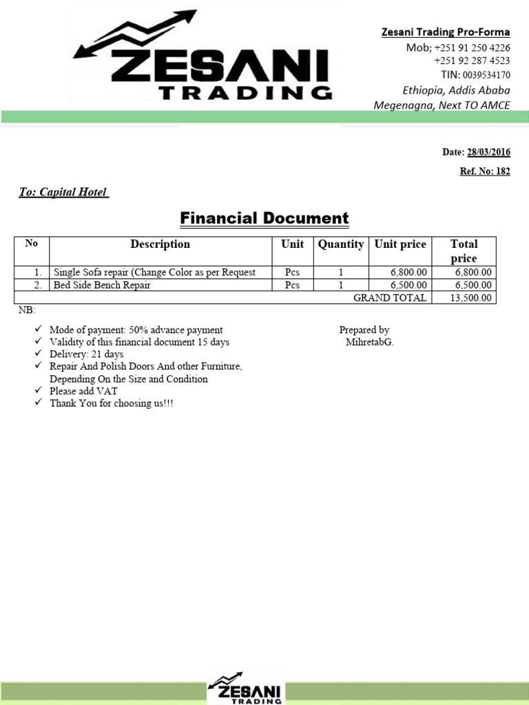 Zesani Trading Pro-Forma Capital Hotel | PDF
