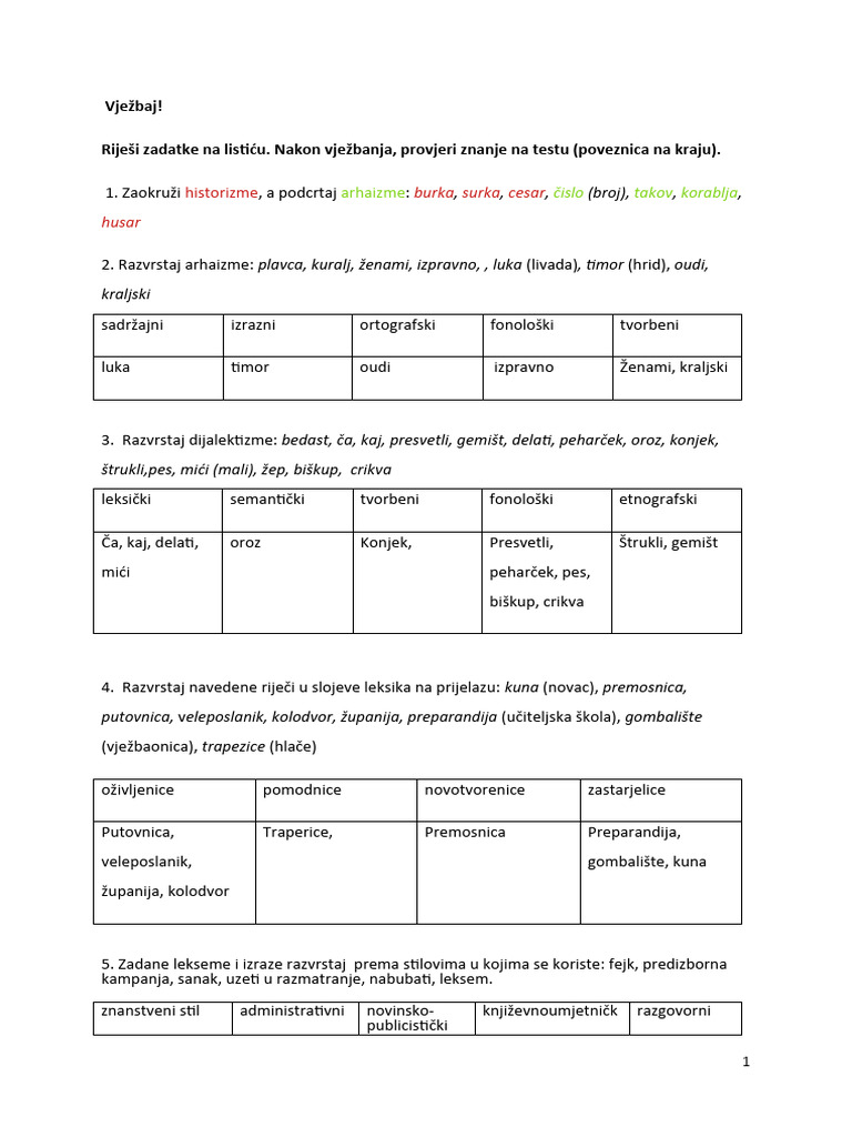 Vježba Za Pisanu Provjeru Iz Jezika (Raslojavanje Leksika) | PDF
