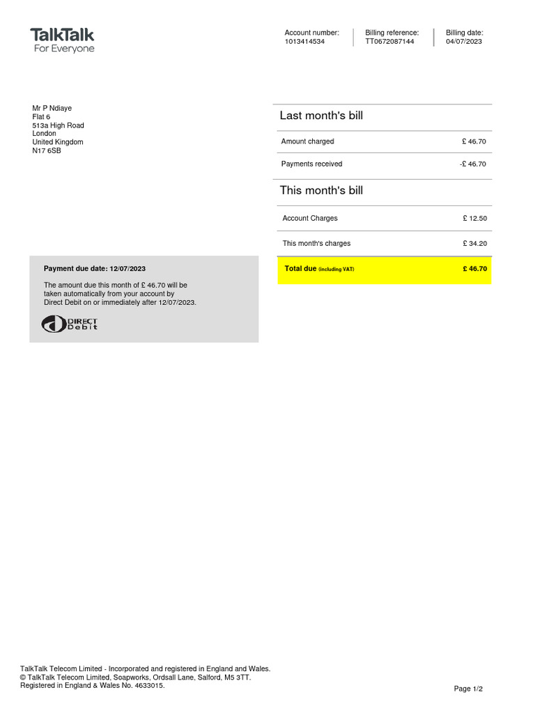 TalkTalk Bill Summary and Payment Info | PDF | Payments | Debit Card