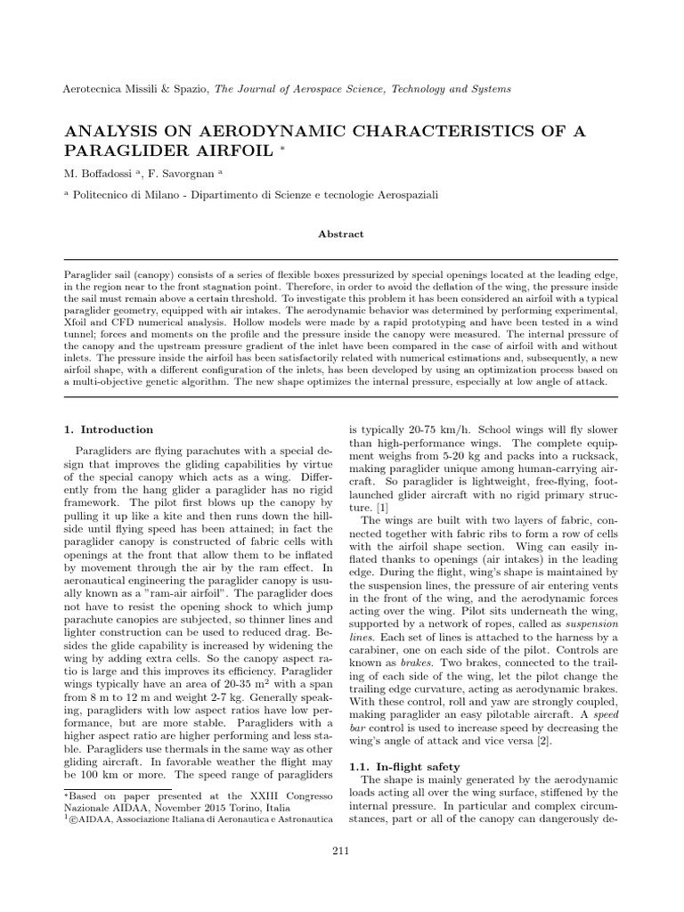 ANALYSIS Aerodynamics Paraglider | PDF | Parachute | Airfoil