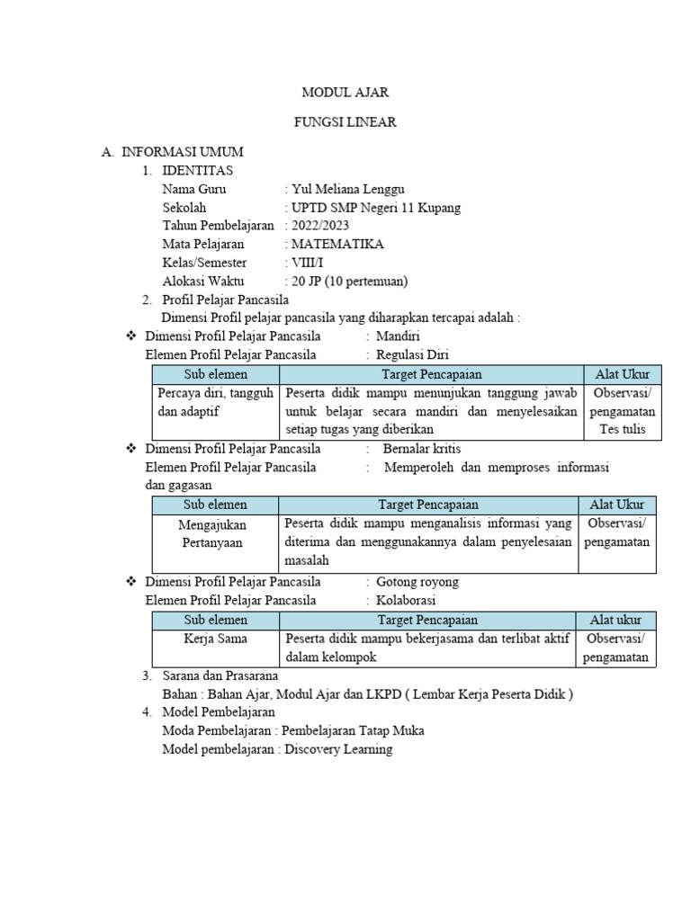 MODUL AJAR Fungsi Linear Fix | PDF