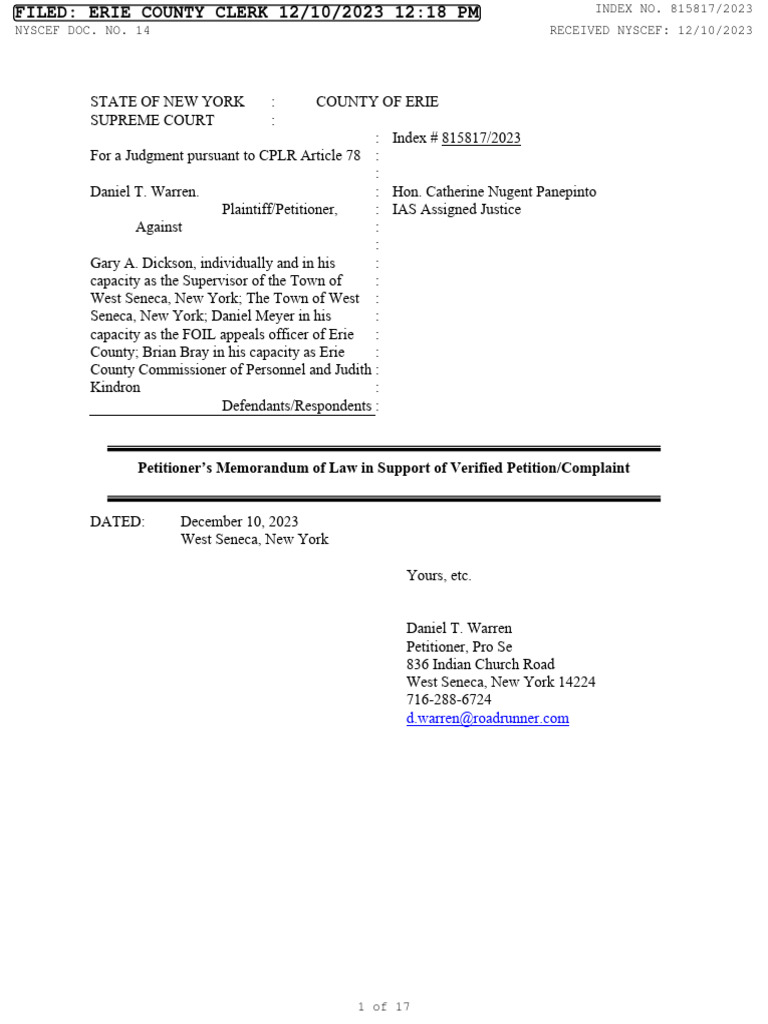 2023 Daniel T Warren V Gary A Dickson Et Al - MEMORANDUM of LAW | PDF ...