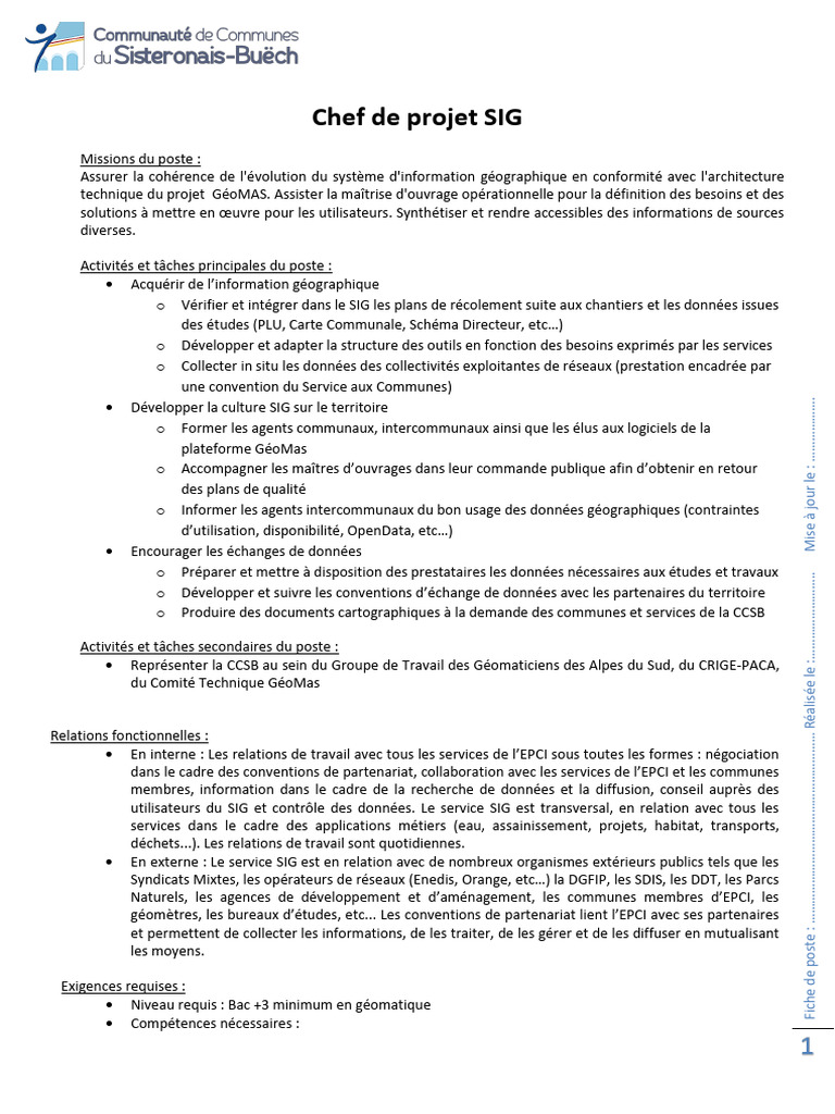 Fiche de Poste : Chef de Projet SIG | PDF | Système d'information ...