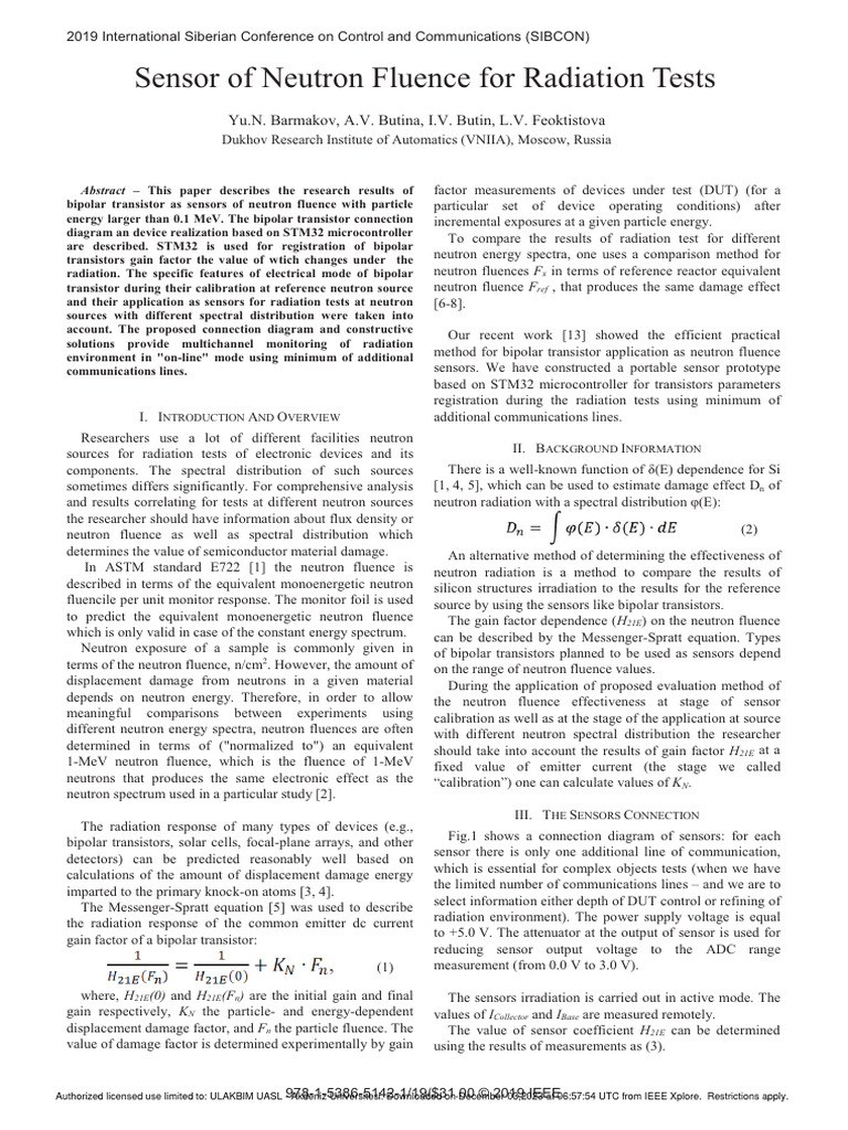 Sensor of Neutron Fluence For Radiation Tests | PDF | Sensor | Bipolar ...