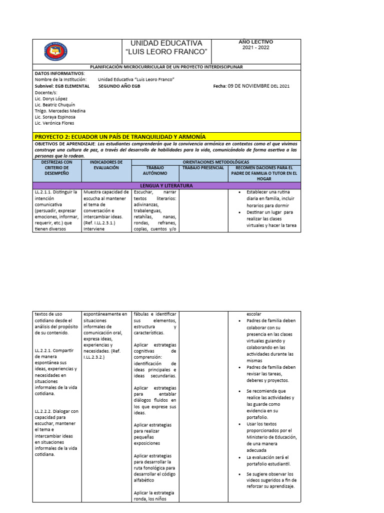 Planificación Microcurricular Proyecto 2 Pdf