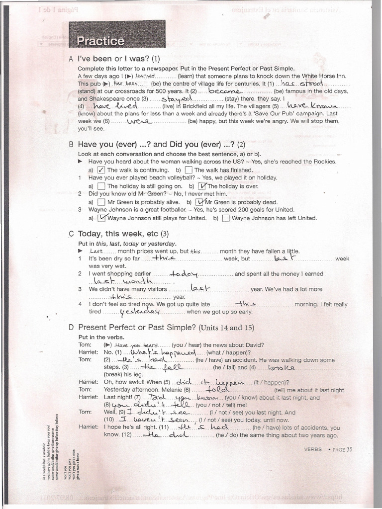 Present Perfect And Past Simple Exercises Key Pdf Linguistics