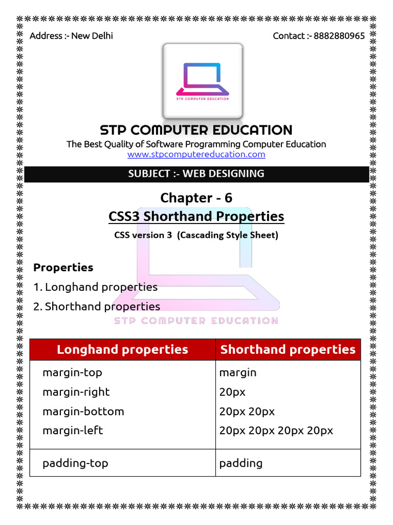 Chapter - 6 CSS3 Shorthand Properties | PDF