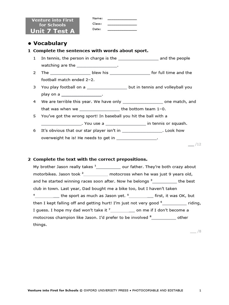 Venture First Schools Unit Test 7a | PDF | Grammar | Linguistics