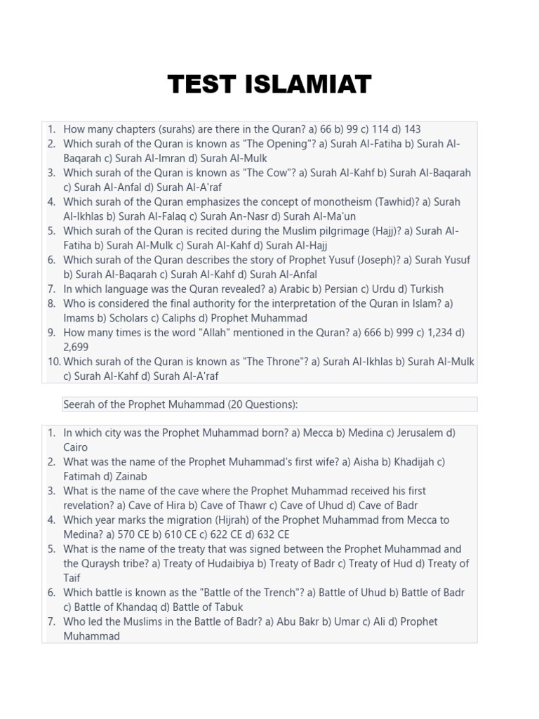 Test Islamiat | PDF | Surah | Prophets And Messengers In Islam