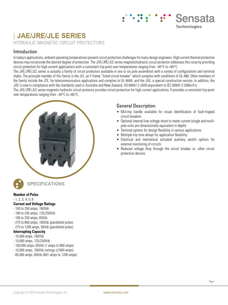Sensata Jae Series Magnetic Circuit Protectors Datasheet | PDF | Switch ...