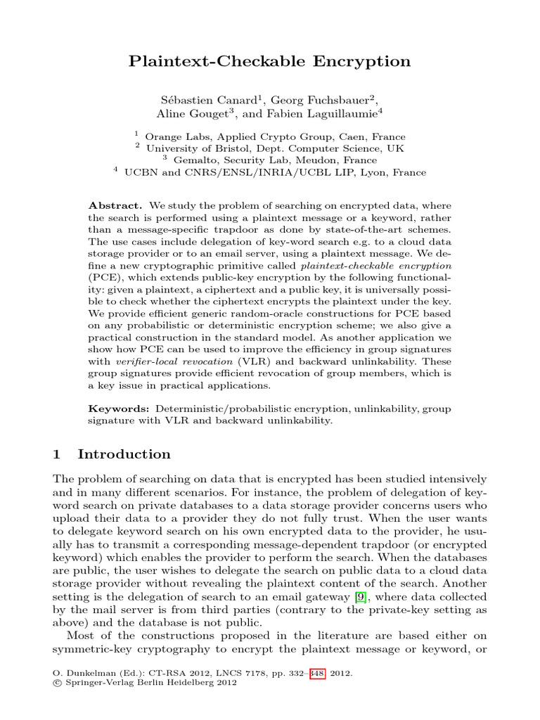 2012 Ctrsa Plaintext Checkableencryption Pdf Cryptography Encryption