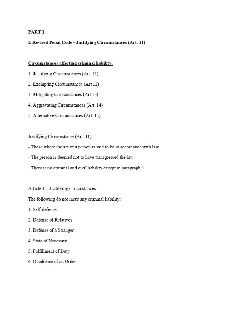 Justifying Circumstances in Criminal Law | PDF | Assault | Mitigating ...