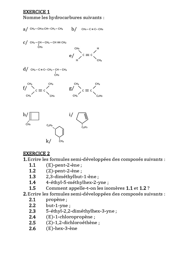 Exercices de nomenclature des hydrocarbures | PDF