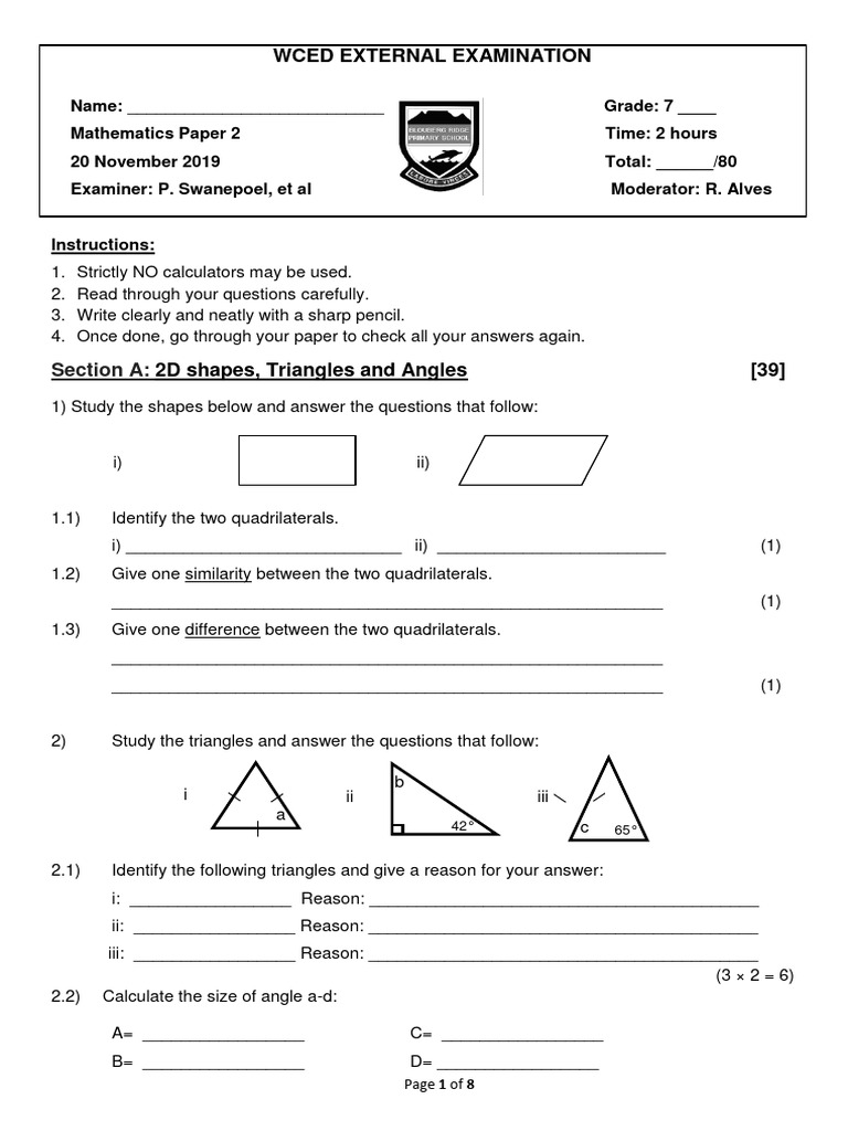 Grade 7 Mathematics Exam Paper 2 | PDF | Triangle | Area