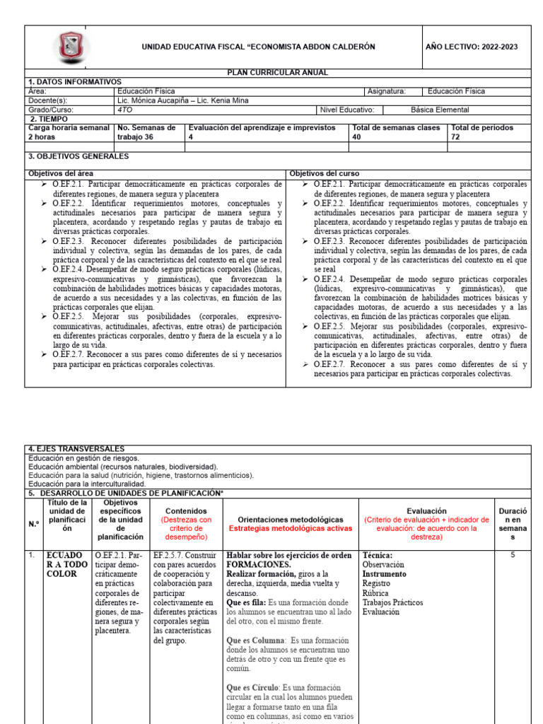 Pca 2023 - Ee - FF Cuarto de Básica | PDF | Evaluación | Gimnasia