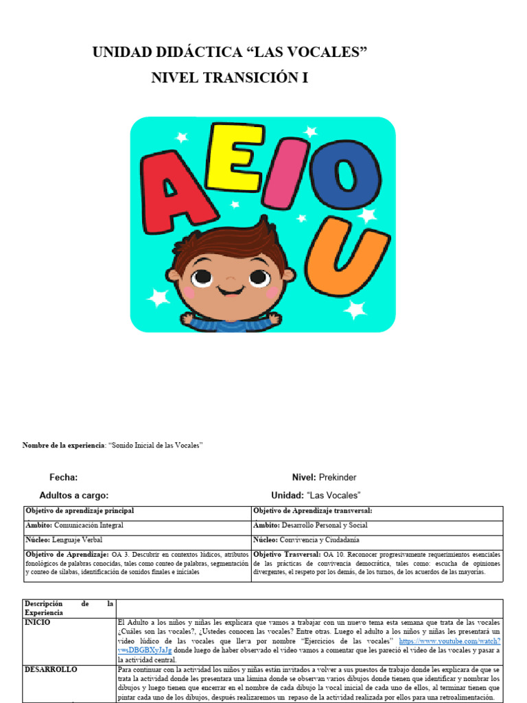 Unidad Del Nivel Prekinder Las Vocales 2023 | PDF | Educación de la ...