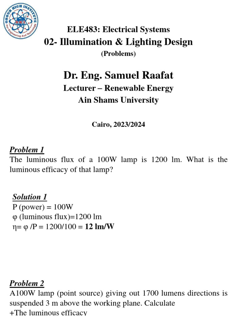 02c OHI ELE483 Illumination (Problems) R01 | PDF | Lighting | Light