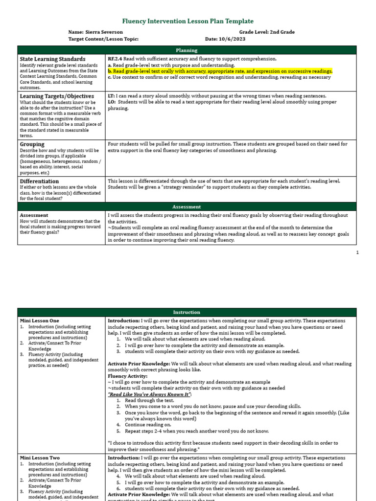 Edu 443-Assessing and Teaching Fluency Mini Lesson Seversonsierra | PDF ...