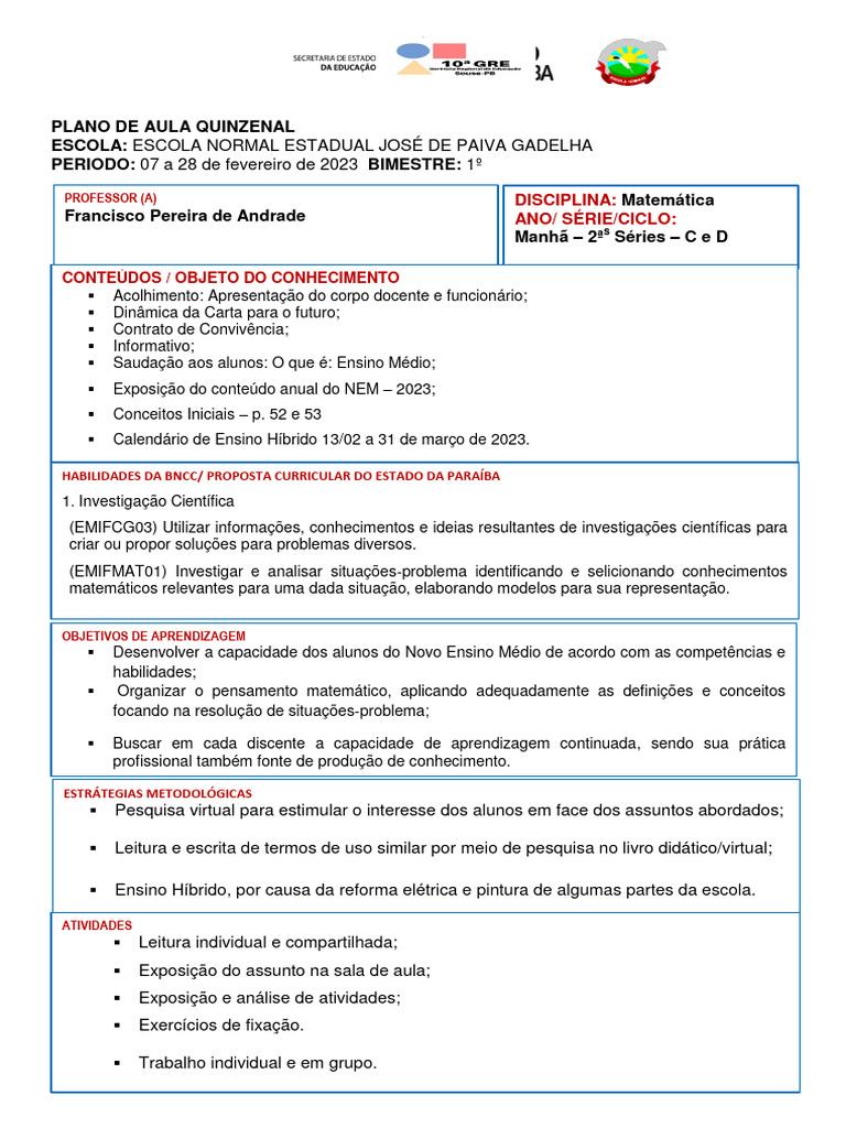 Plano de Aula Quinzenal - 2023 | PDF