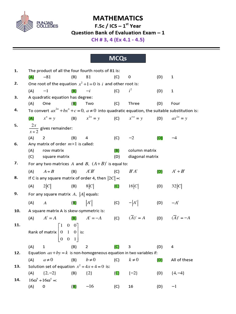 Part 1 Math Question Bank Solved MCQs | PDF | Matrix (Mathematics ...