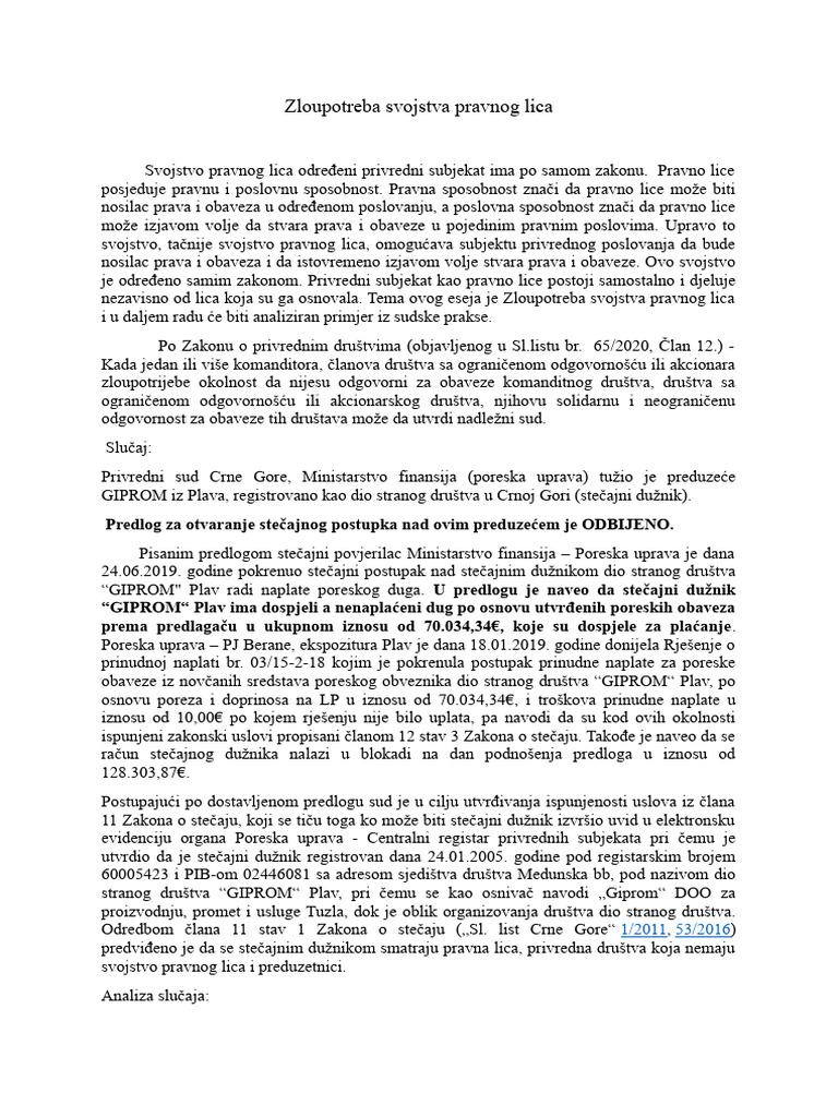 Svojstvo Pravnog Lica - Zloupotreba | PDF