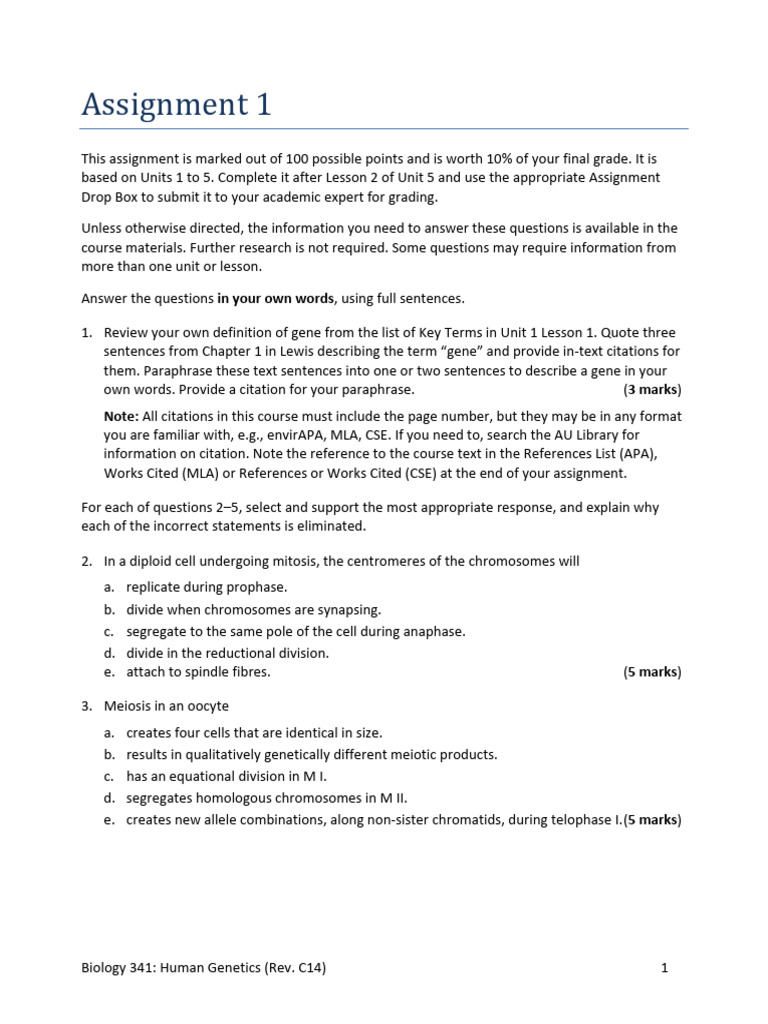 Human Genetics Assignment Overview | PDF | Meiosis | Mitosis