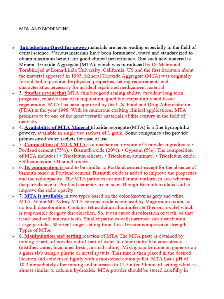 Mta and Biodentine | PDF | Dentistry Branches | Chemistry
