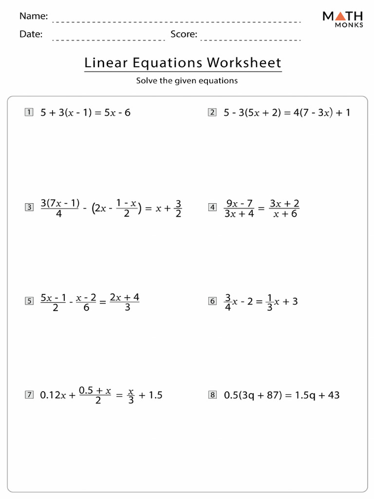 Difficult Linear Equations Worksheet | PDF