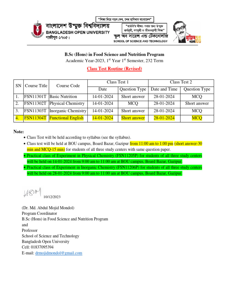 Food Science Class Test Schedule | PDF