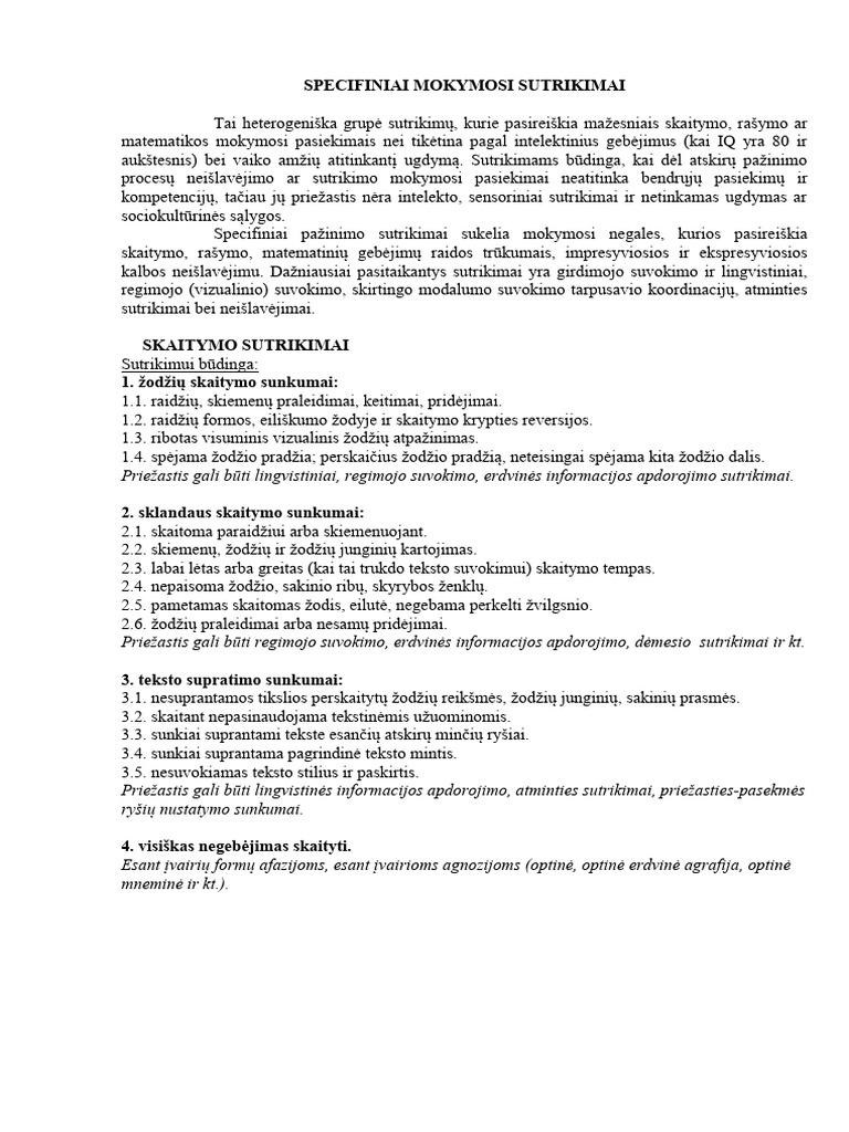Specifiniai Mokymosi Sutrikimai | PDF
