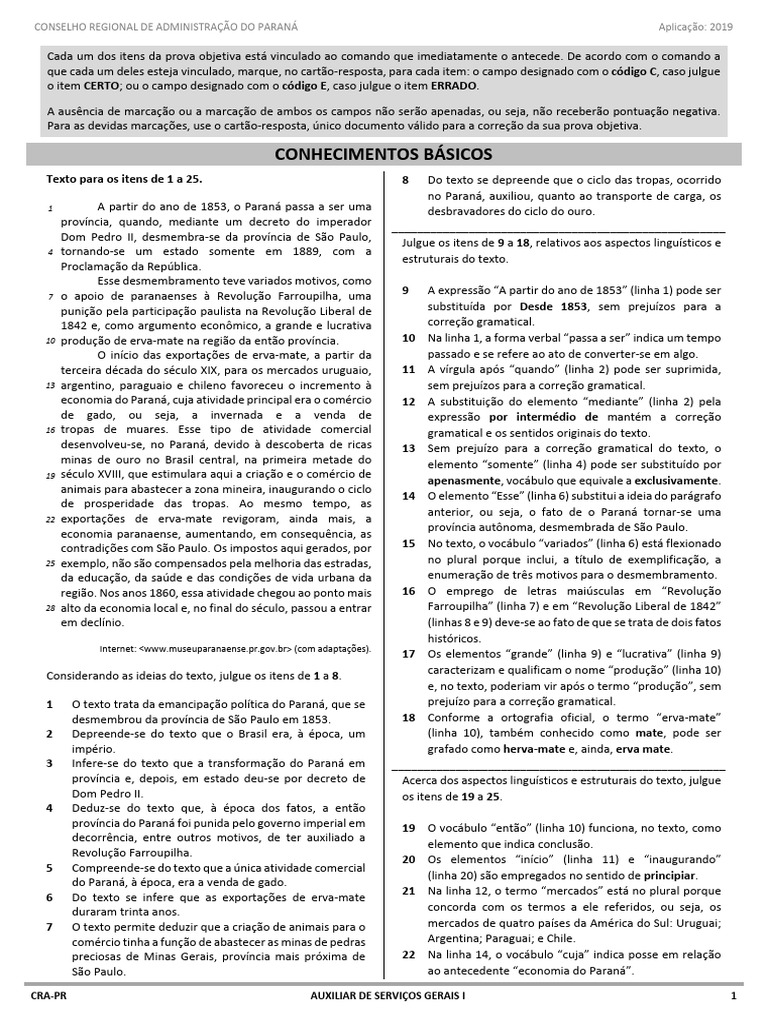QUADRIX - Cad - Prova - 100 - Aux. de Serv. Gerais I - CRA-PR - Conc - Publico - 2018 | PDF ...