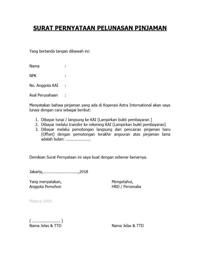Surat Pernyataan Pelunasan Hutang Koperasi | PDF