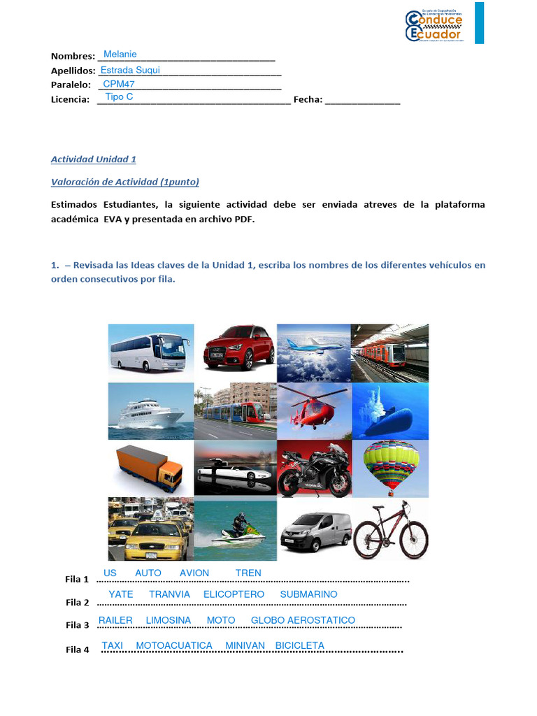 Actividad Unidad 1: Vehículos y Tránsito | PDF | Tecnología