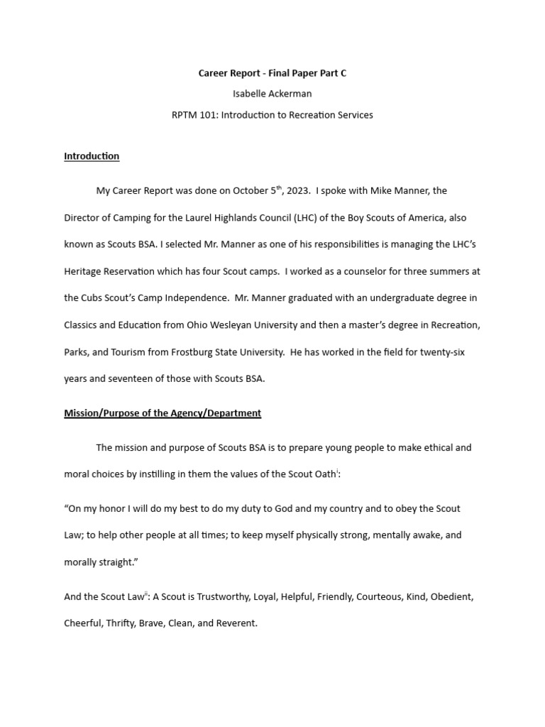 Ackerman Career Report Final Paper Part C | PDF | Boy Scouts Of America ...