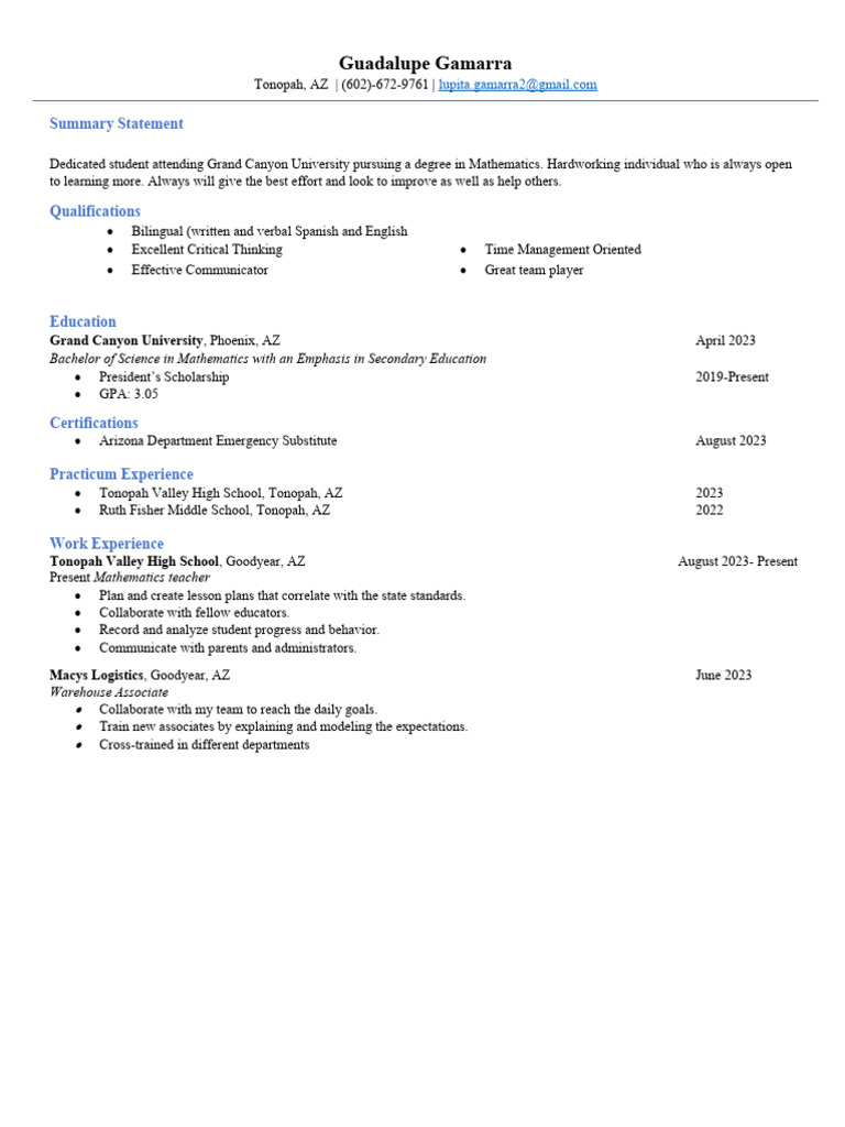 Guadalupe Teaching Resume | PDF