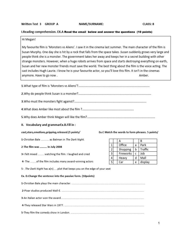 Grade 8 English Test: Reading & Grammar | PDF