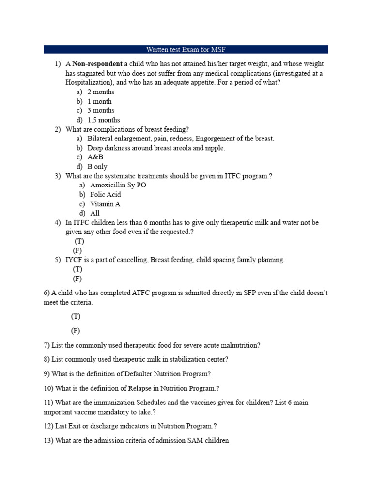 Written Test Exam Nutrition For MSF | PDF