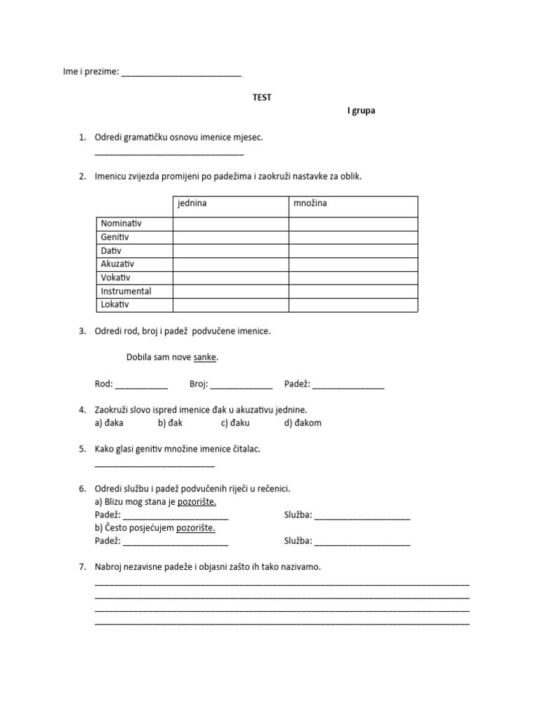 Test 1 - Padeži 1 | PDF
