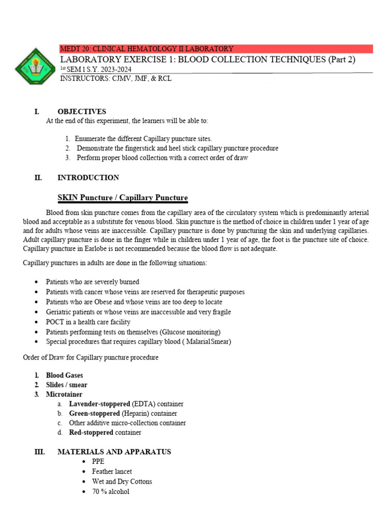 Lab Exercise 1 Blood Collection Techniques Part2 | PDF | Vein | Patient