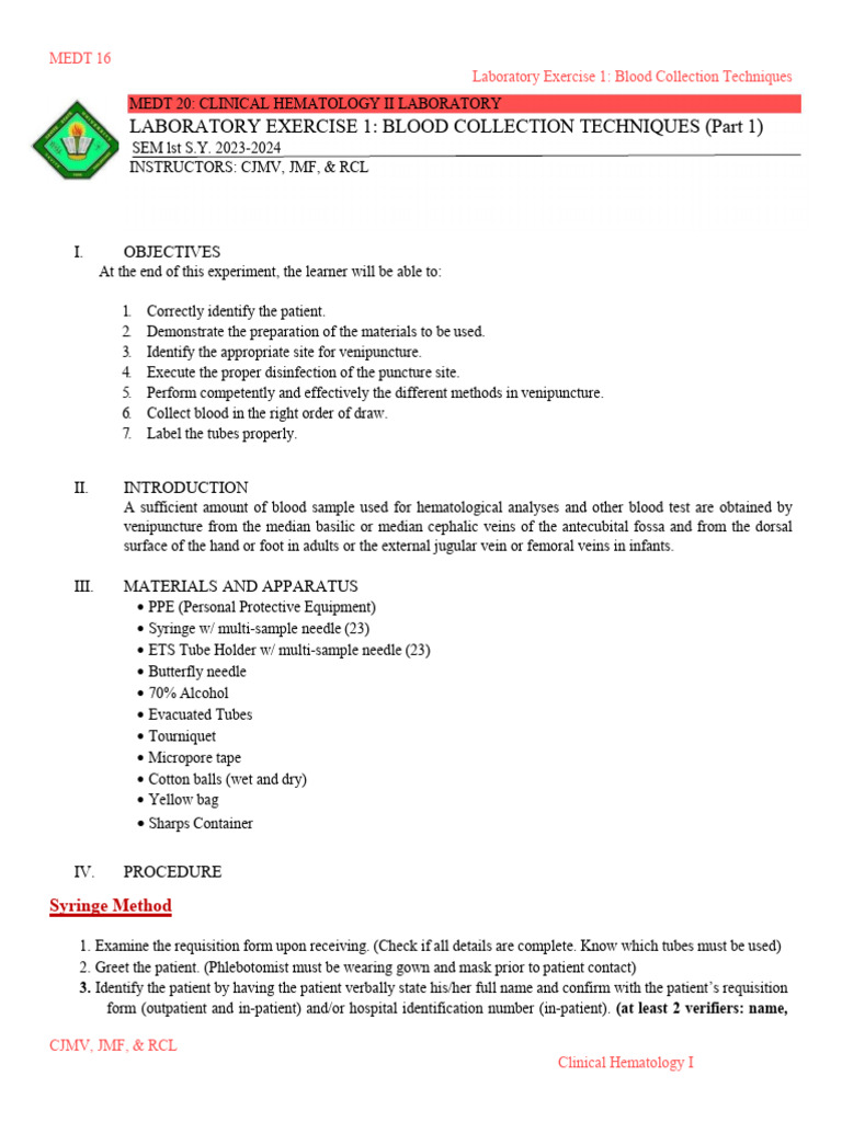 Lab Exercise 1 Blood Collection Techniques Part1 | PDF | Clinical Medicine | Medical Specialties