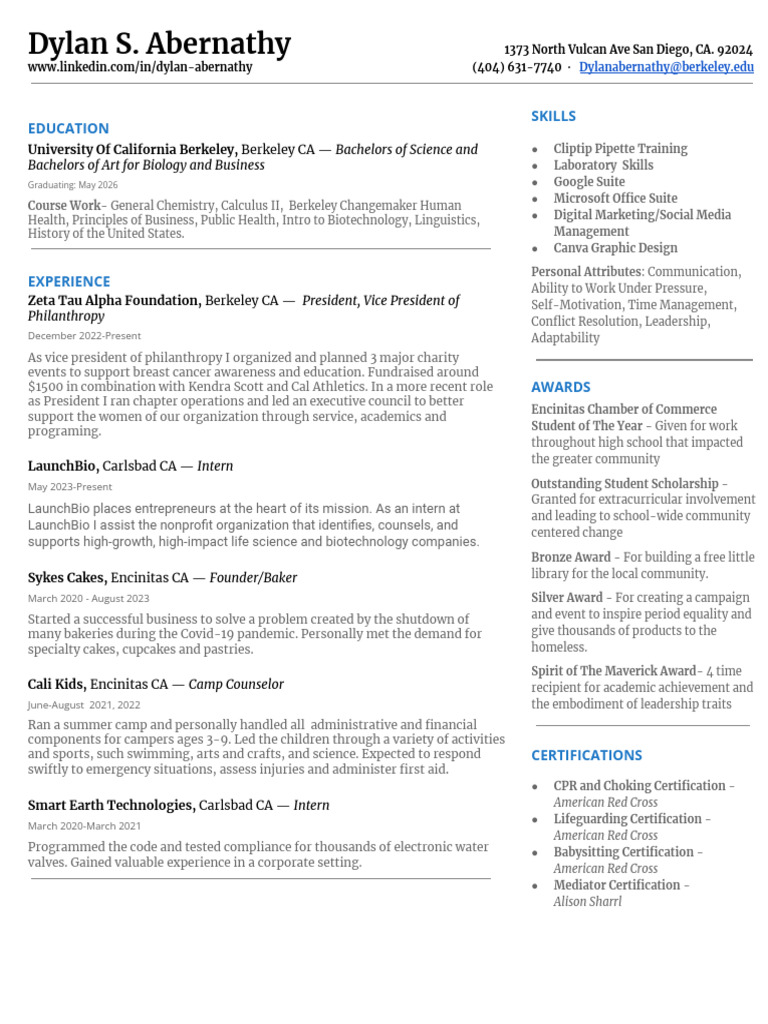 Dylan Abernathy's Resume Summary | PDF