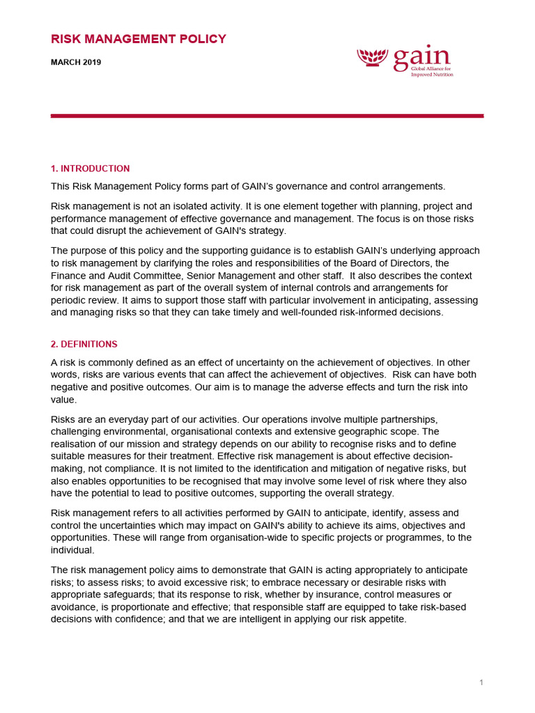 Gain Risk Management Policy | PDF | Risk | Risk Management