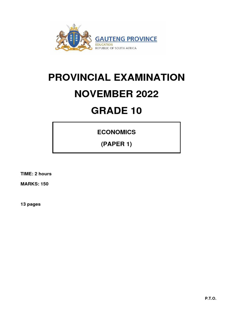 GR 10 Economics P1 (English) November 2022 Question Paper | Download ...