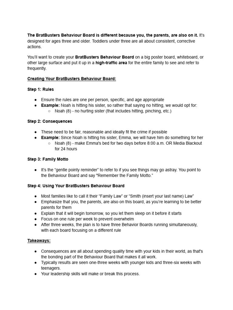 BratBusters Behaviour Board Instructions | PDF