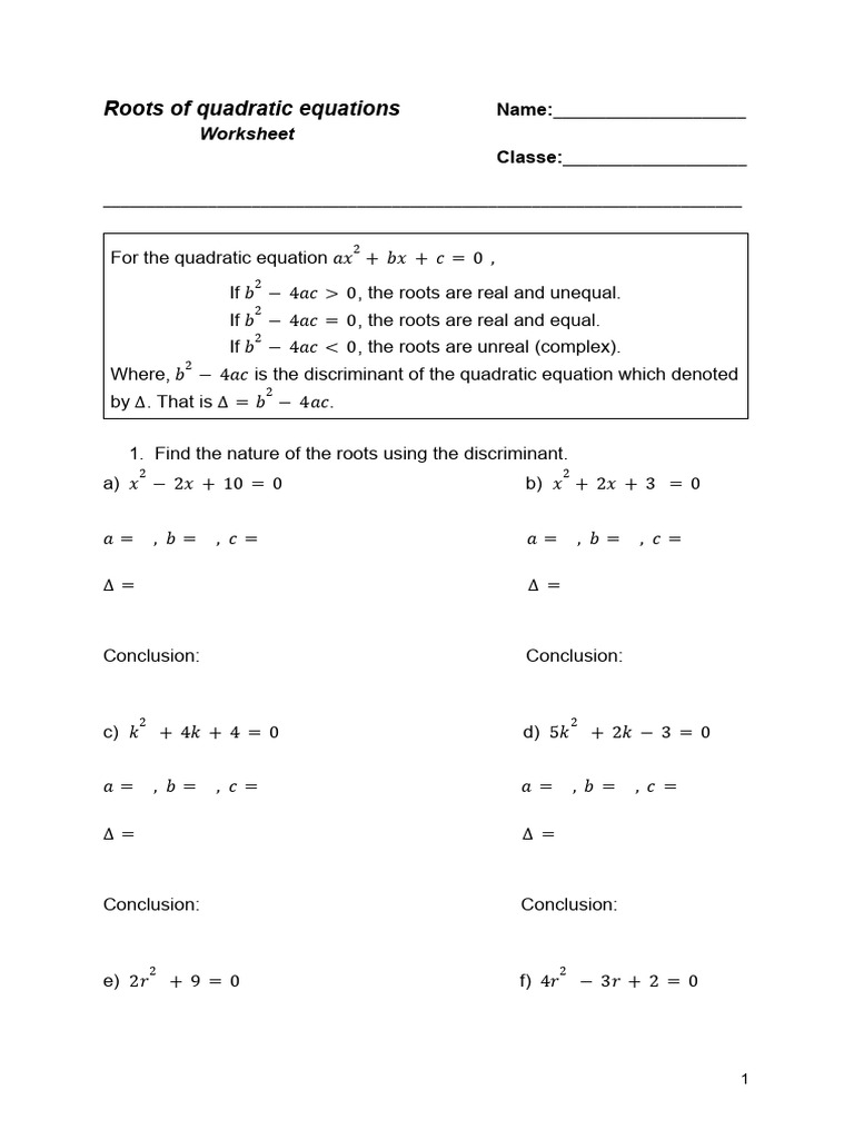 Quadratic Roots Worksheet | PDF | Mathematics | Algebra