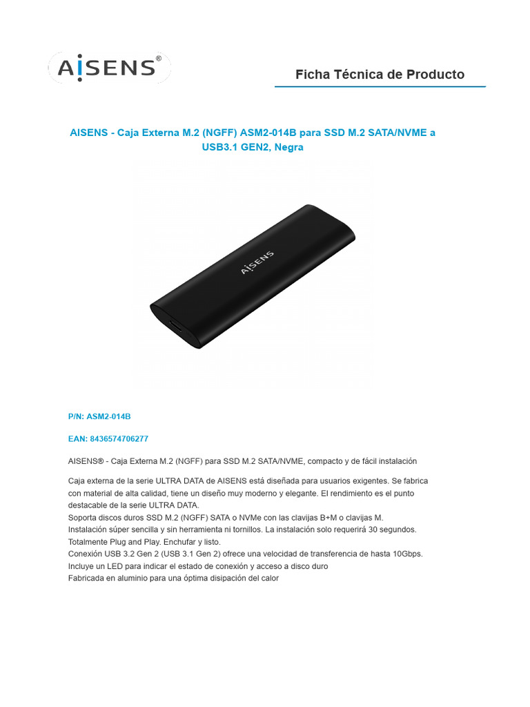 Aisens Caja Externa M 2 NGFF Asm2 014b para SSD M 2 Sata Nvme A Usb3 1 Gen2 Negra | PDF | USB ...