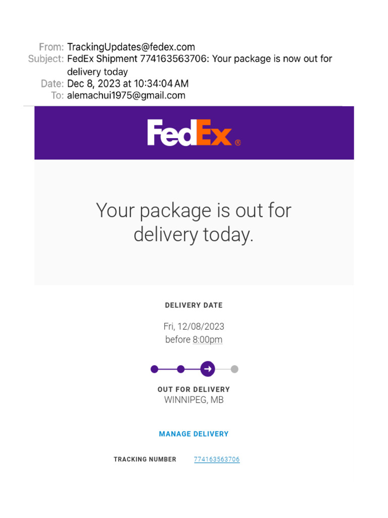 FedEx Shipment 774163563706 Your Package Is Now Out For Delivery Today ...