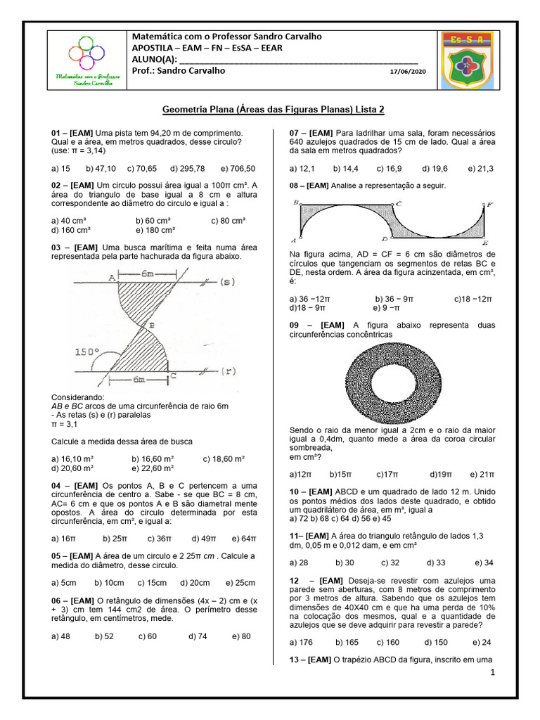Exercicios de Área Das Figuras Planas EAM FN EsSA EEAR Lista 2 | PDF | Triângulo | Círculo