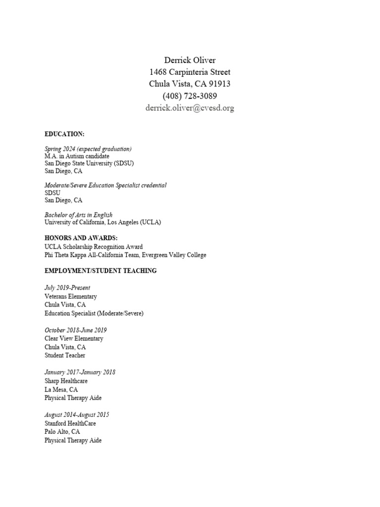 Derrick Oliver's Education & Career Summary | PDF